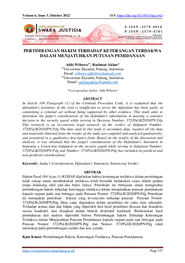 (PDF) Pertimbangan Hakim Terhadap Keterangan Terdakwa Dalam Menjatuhkan ... (PDF) Pertimbangan Hakim Terhadap Keterangan Terdakwa Dalam Menjatuhkan ...