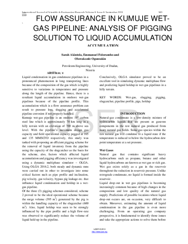 (PDF) FLOW ASSURANCE IN KUMUJE WET GAS PIPELINE ANALYSIS OF PIGGING SOLUTION TO LIQUID ACCUMULATION
