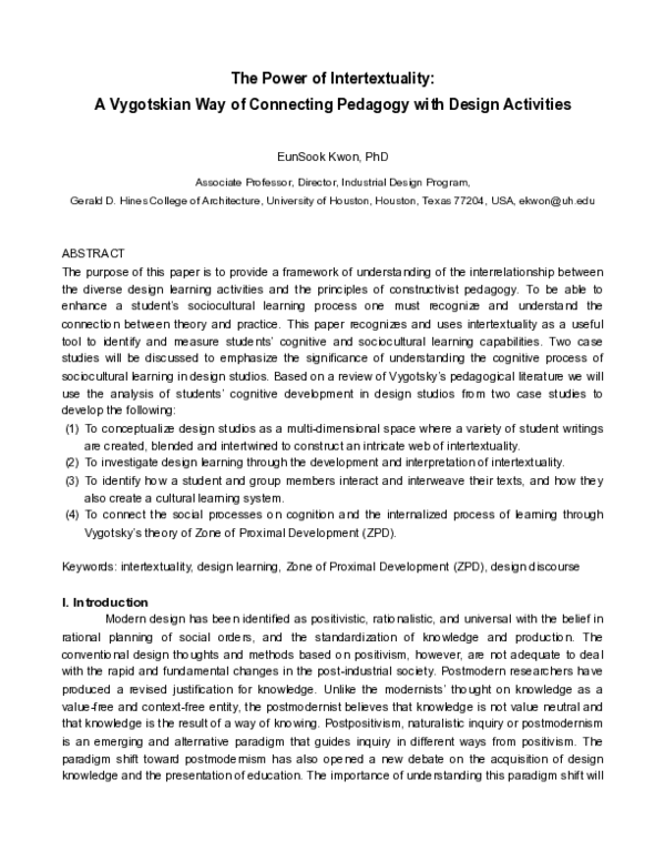 (PDF) The Power of Intertextuality: A Vygotskian Way of Connecting Pedagogy with Design Activities