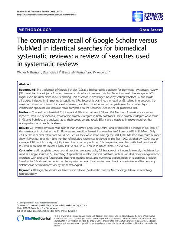 (PDF) The comparative recall of Google Scholar versus PubMed in ...
