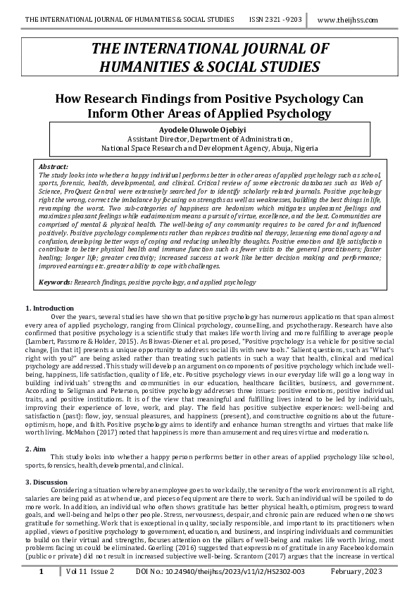 (PDF) How Research Findings from Positive Psychology Can Inform Other ...