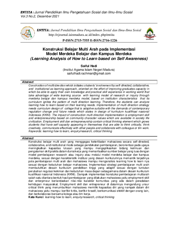 (PDF) Konstruksi Belajar Multi Arah pada Implementasi Model Merdeka Belajar dan Kampus Merdeka ...
