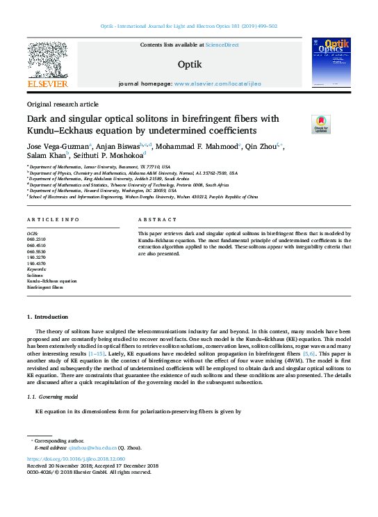 (PDF) Dark and singular optical solitons in birefringent fibers with Kundu–Eckhaus equation by ...