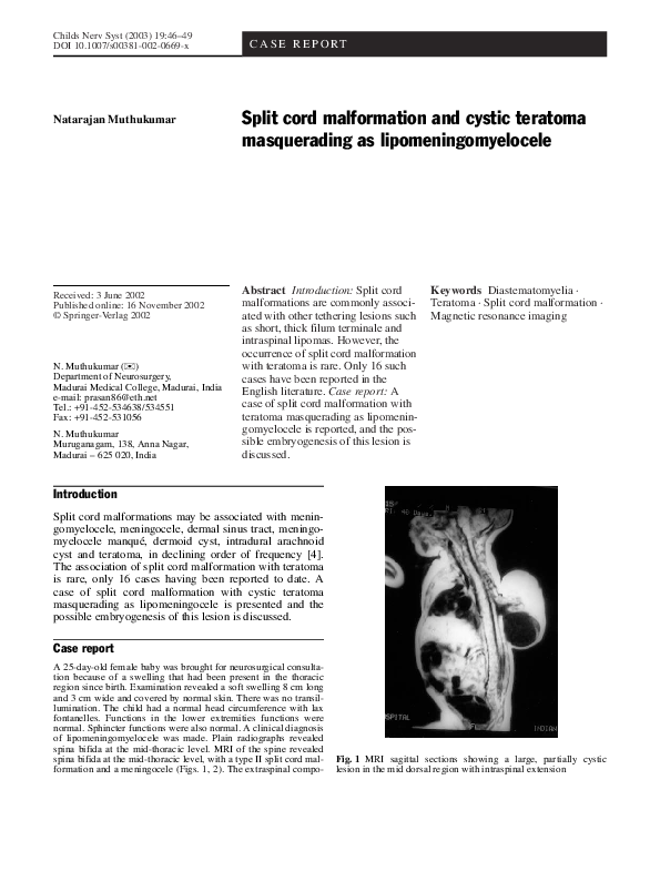 (PDF) Split cord malformation and cystic teratoma masquerading as ...