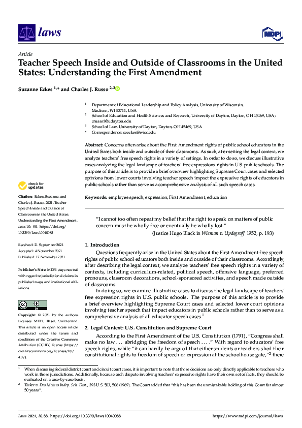 (PDF) Teacher Speech Inside and Outside of Classrooms in the United ...