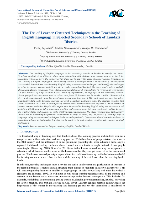 (PDF) The Use of Learner Centered Techniques in the Teaching of English ... (PDF) The Use of Learner Centered Techniques in the Teaching of English ...
