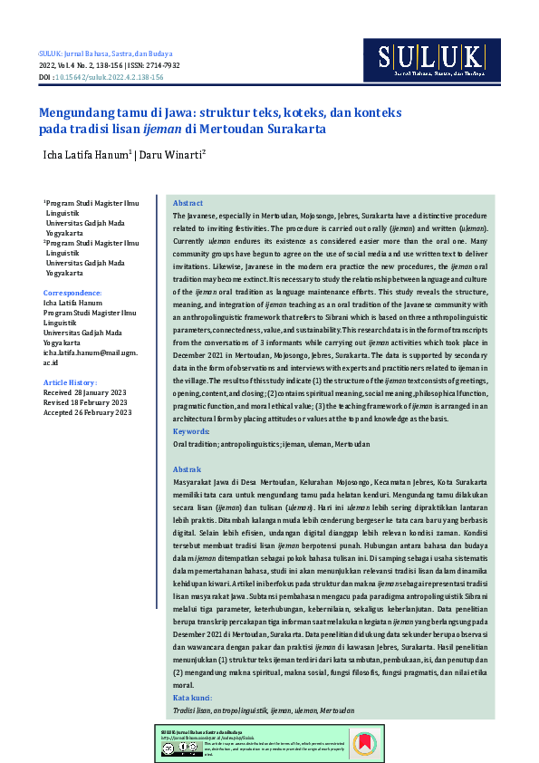 (PDF) Mengundang Tamu Di Jawa: Struktur Teks, Koteks, dan Konteks Pada ...