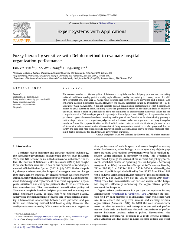 (PDF) Fuzzy hierarchy sensitive with Delphi method to evaluate hospital organization performance