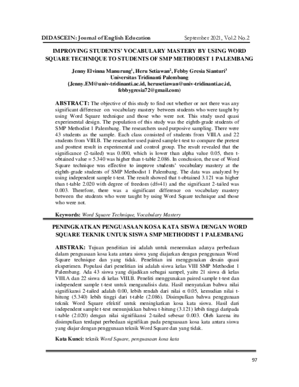 (PDF) Improving Students' Vocabulary Mastery by Using Word Square Technique to Students of SMP ...