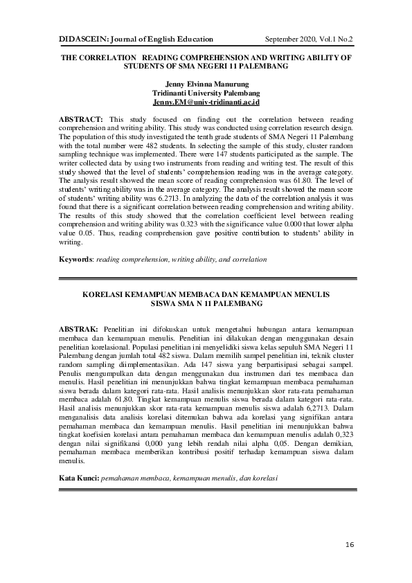 (PDF) The Correlation Reading Comprehension and Writing Ability of Students of Sma Negeri 11 ...