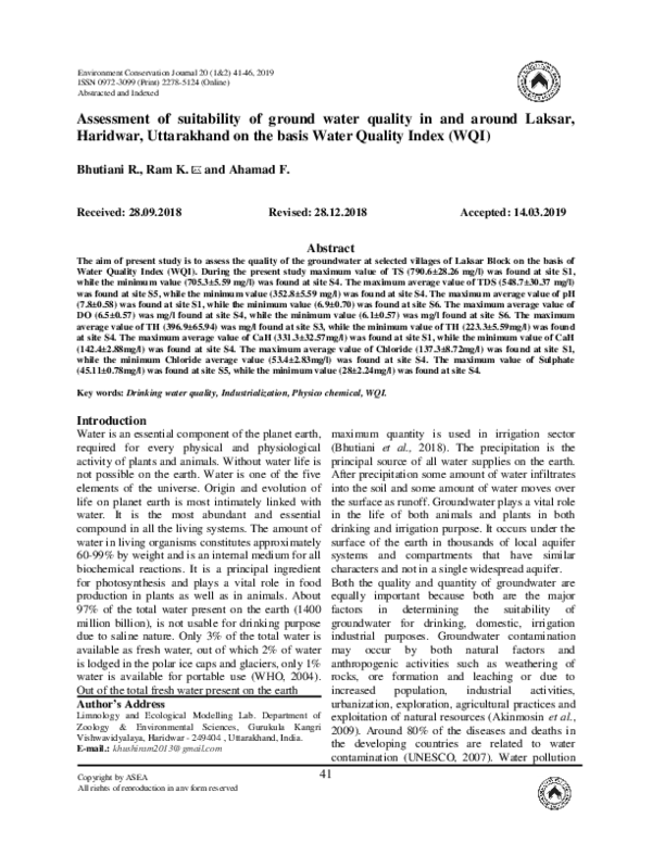 (PDF) Assessment of suitability of ground water quality in and around ...