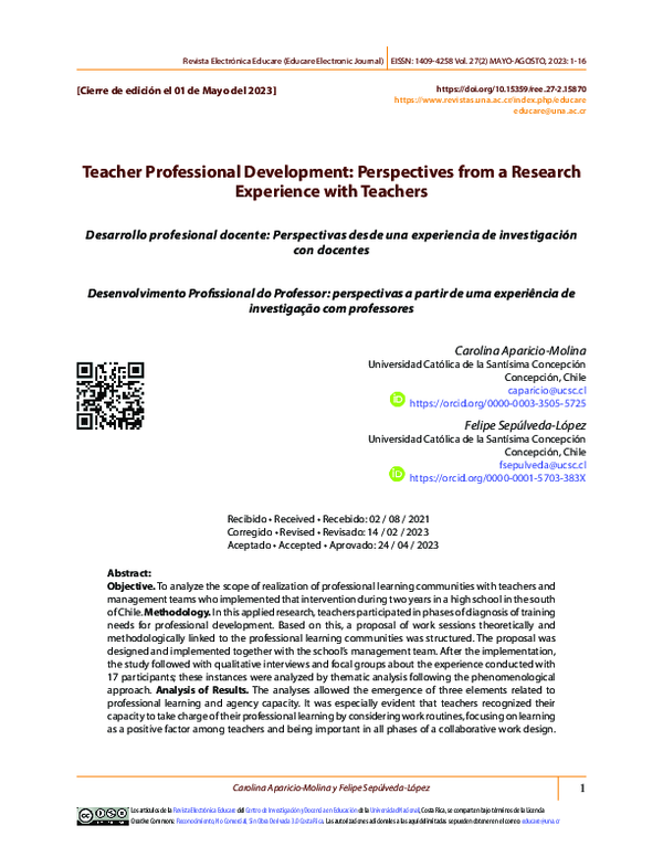 (PDF) Teacher Professional Development: Perspectives from a Research Experience with Teachers
