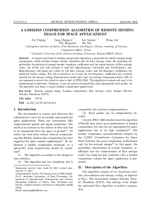 Pdf A Lossless Compression Algorithm Of Remote Sensing Image For