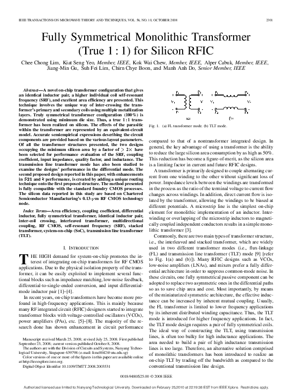 (PDF) Fully Symmetrical Monolithic Transformer (True 1 : 1) for Silicon RFIC | Manh Do ...
