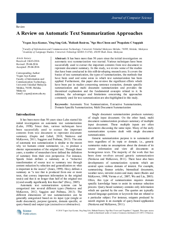 Pdf A Review On Automatic Text Summarization Approaches