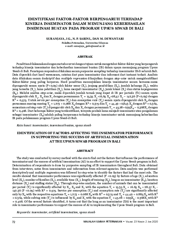 (PDF) Identifikasi Faktor-Faktor Berpengaruh Terhadap Kinerja Inseminator Dalam Menunjang ...