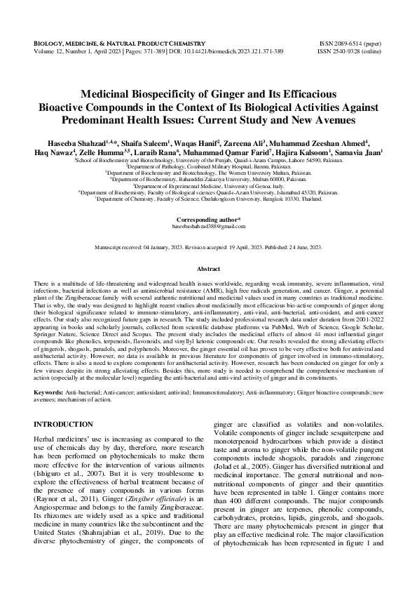 (PDF) Medicinal Biospecificity of Ginger and Its Efficacious Bioactive ...