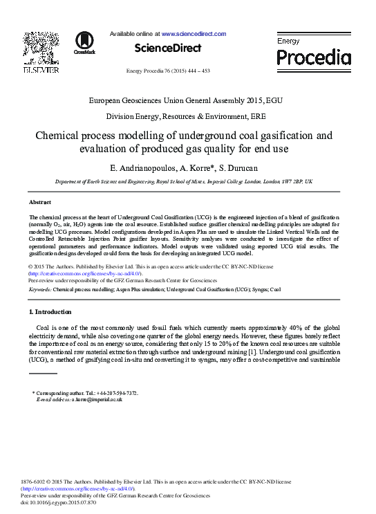 Pdf Chemical Process Modelling Of Underground Coal Gasification And Evaluation Of Produced Gas
