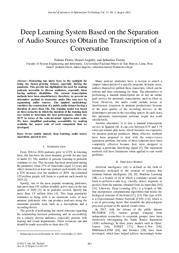 (PDF) Deep Learning System Based on the Separation of Audio Sources to Obtain the Transcription ...