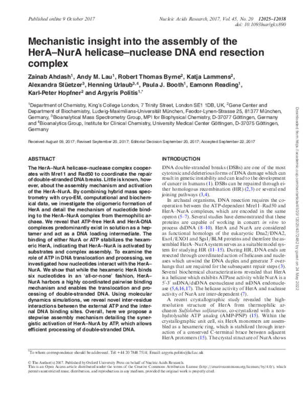 (PDF) Mechanistic insight into the assembly of the HerA–NurA helicase–nuclease DNA end resection ...