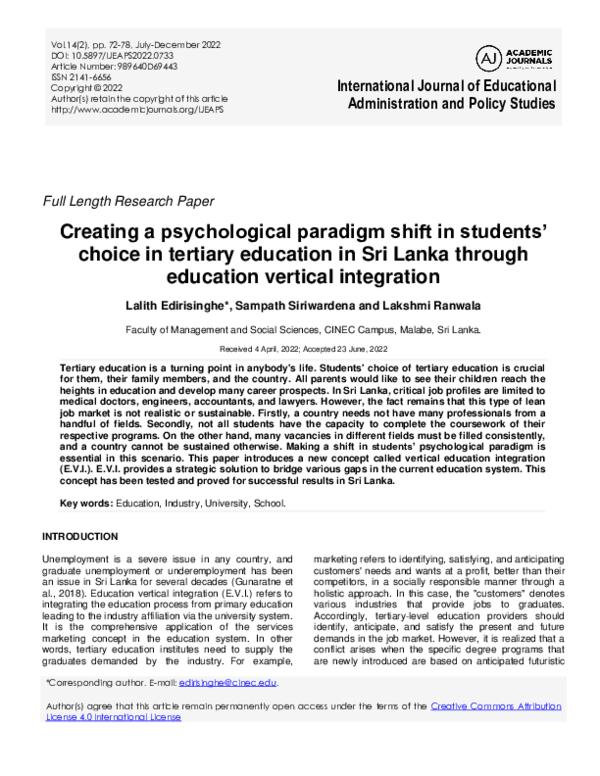 (PDF) Creating a psychological paradigm shift in students' choice in ...