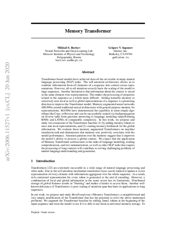 (PDF) Memory Transformer