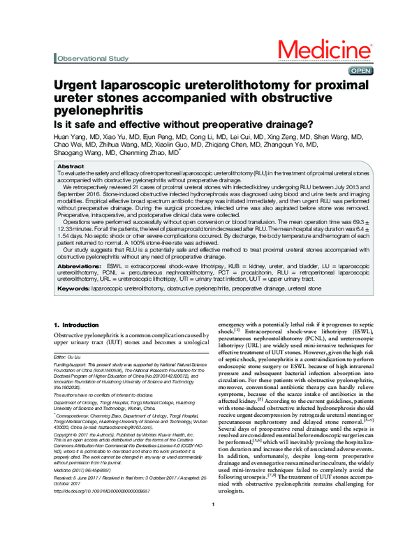 (PDF) Urgent laparoscopic ureterolithotomy for proximal ureter stones ...