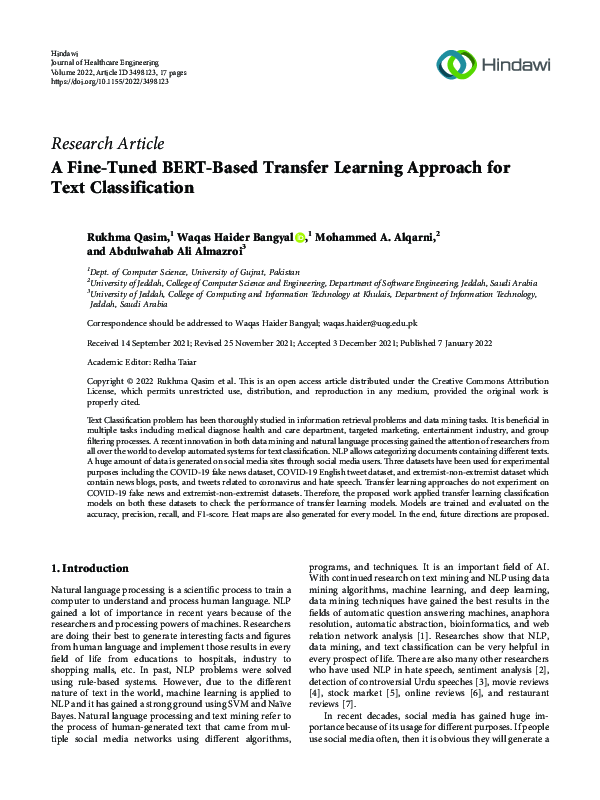 (PDF) A Fine-Tuned BERT-Based Transfer Learning Approach for Text Classification