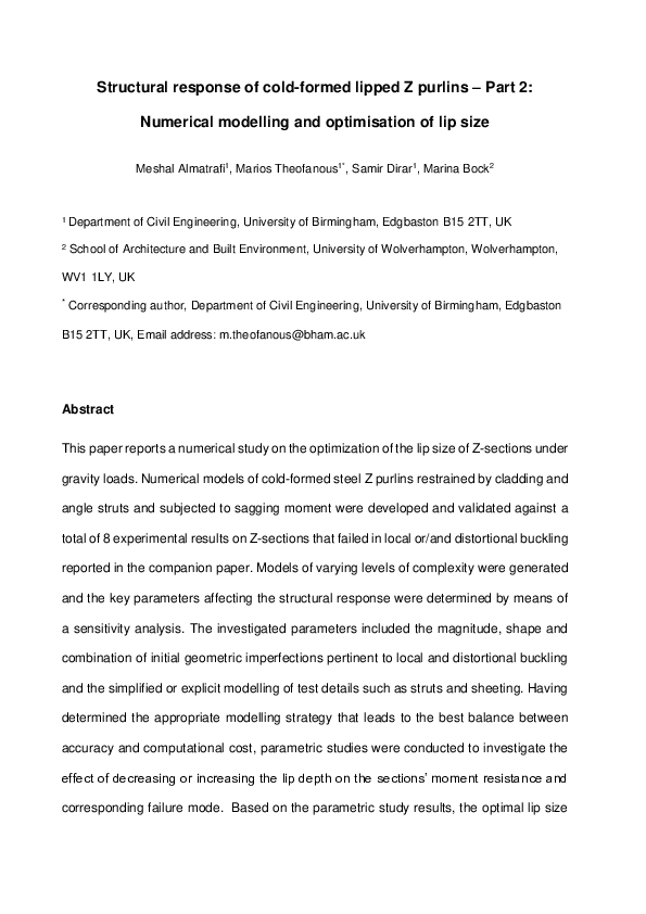 Pdf Structural Response Of Cold Formed Lipped Z Purlins Part 2