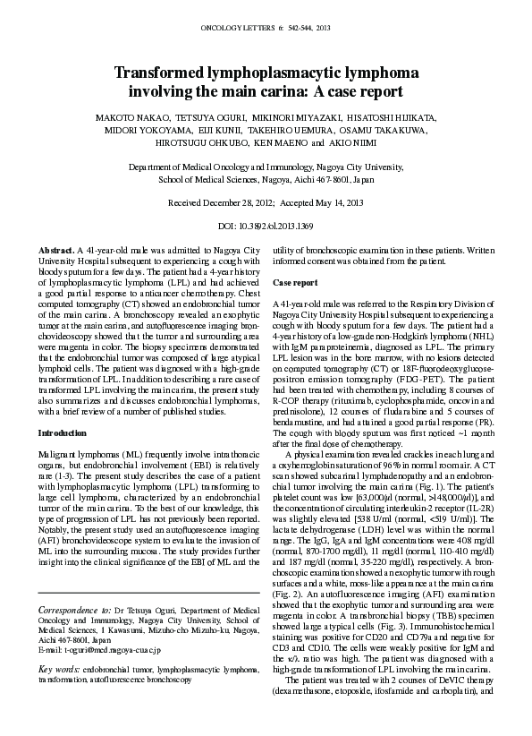(PDF) Transformed lymphoplasmacytic lymphoma involving the main carina: A case report