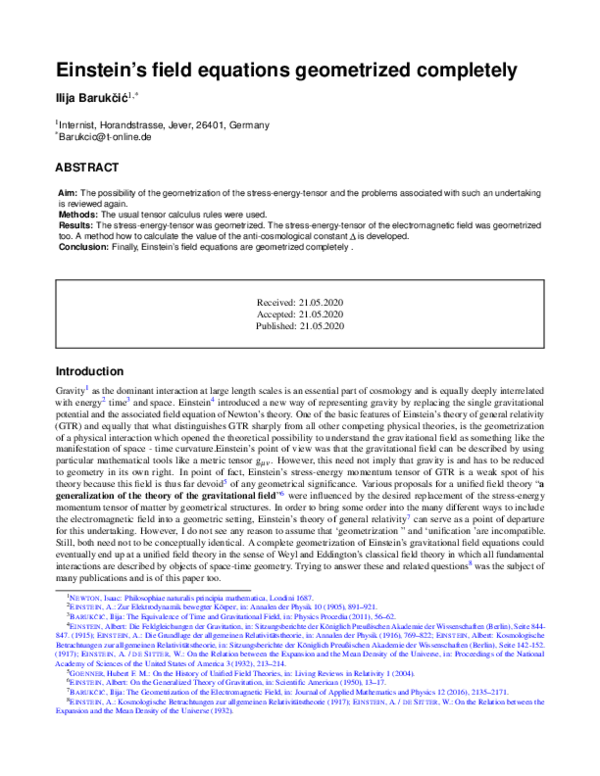 (PDF) Einstein's Field Equations Geometrized Completely | Ilija Barukčić - Academia.edu