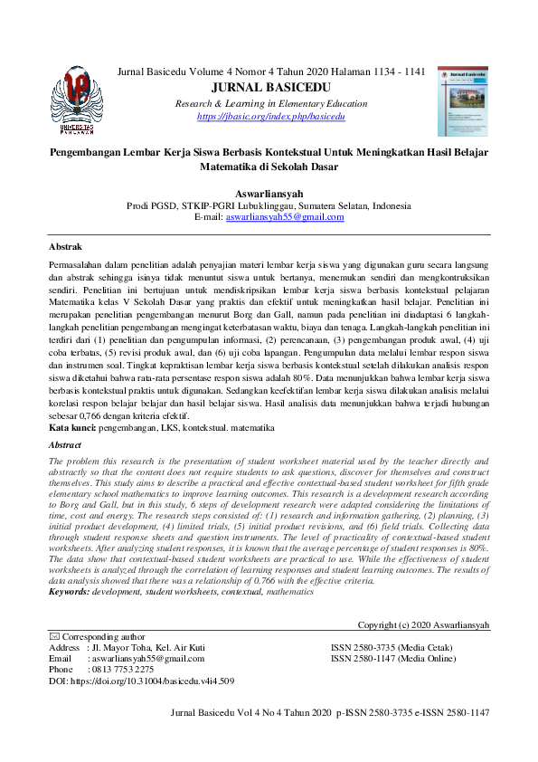(PDF) Pengembangan Lembar Kerja Siswa Berbasis Kontekstual untuk Meningkatkan Hasil Belajar ...