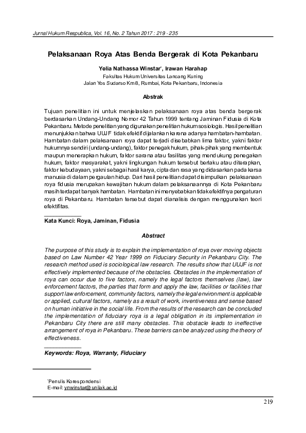(PDF) Pelaksanaan Roya Atas Benda Bergerak di Kota Pekanbaru