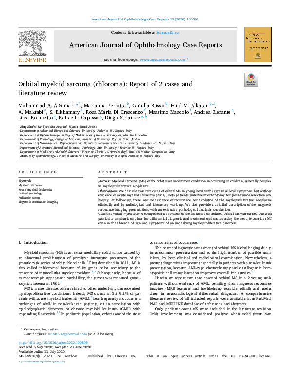 (PDF) Orbital myeloid sarcoma (chloroma): Report of 2 cases and ...