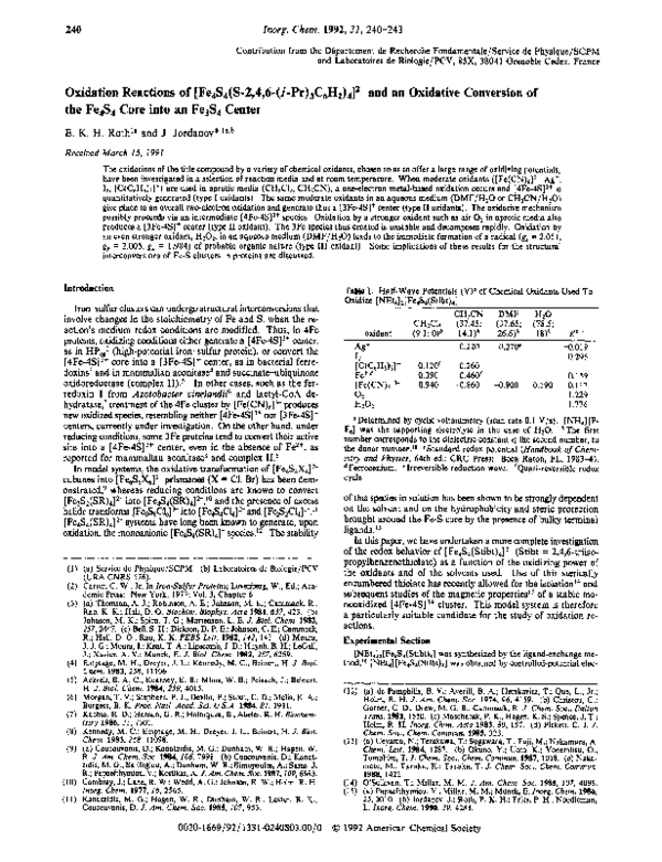 (PDF) Oxdiation reactions of [Fe4S4(S-2,4,6-(iso-Pr)3C6H2)4]2- and an ...