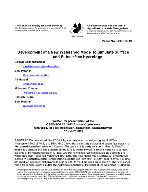 (PDF) Development of a New Watershed Model to Simulate Surface and ...