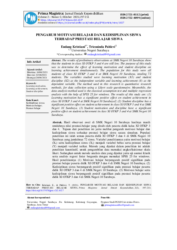 (PDF) Pengaruh Motivasi Belajar Dan Kedisiplinan Siswa Terhadap Prestasi Belajar Siswa ...