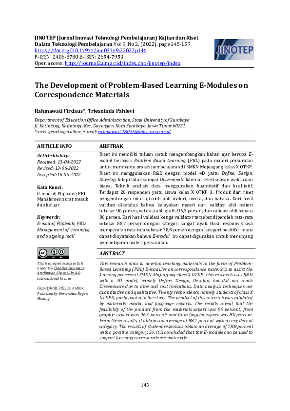(PDF) The Development of Problem-Based Learning E-Modules on Correspondence Materials
