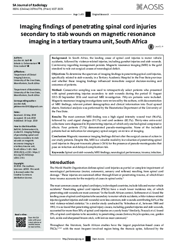 (PDF) Imaging findings of penetrating spinal cord injuries secondary to ...