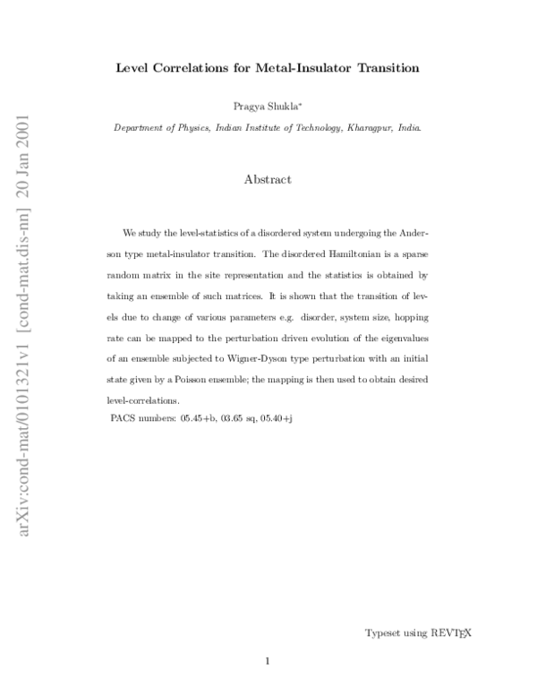 (PDF) Level Correlations for Metal-Insulator Transition