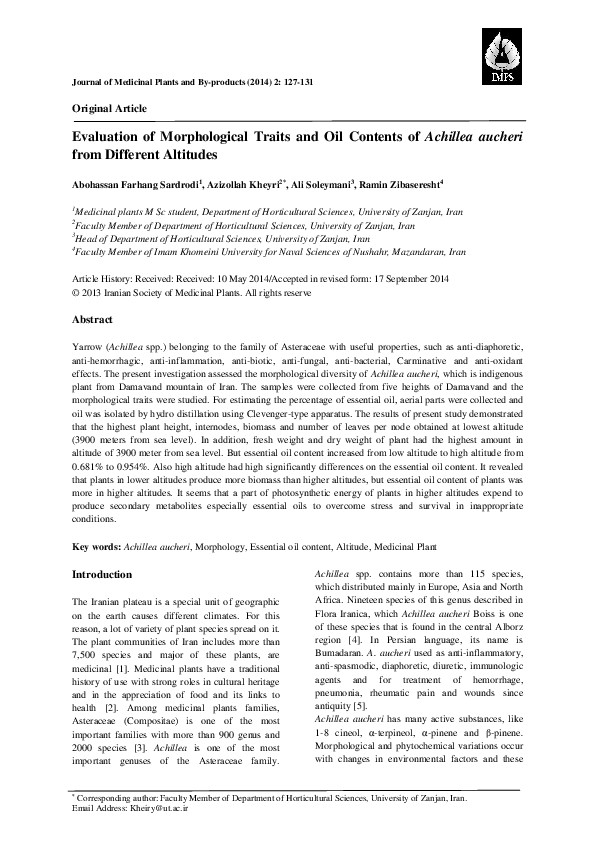 (PDF) Evaluation of Morphological Traits and Oil Contents of Achillea aucheri from Different ...