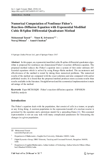 (PDF) Numerical Computation of Nonlinear Fisher’s Reaction–Diffusion Equation with Exponential ...