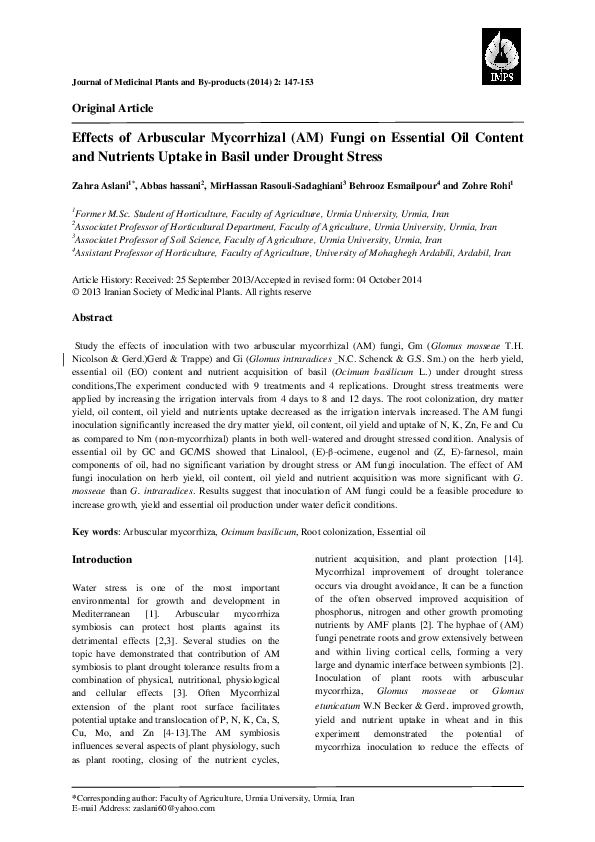(PDF) Effects of Arbuscular Mycorrhizal (AM) Fungi on Essential Oil Content and Nutrients Uptake ...