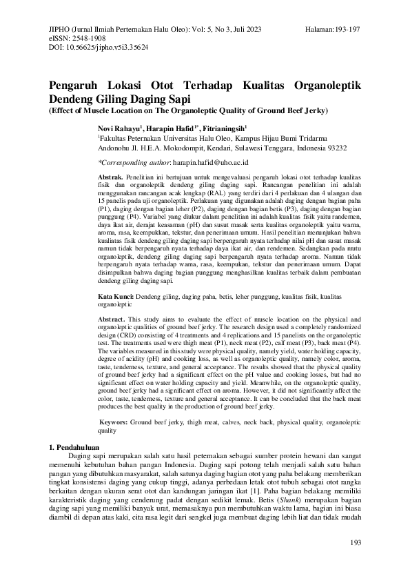 (PDF) Pengaruh Lokasi Otot Terhadap Kualitas Organoleptik Dendeng Giling Daging Sapi