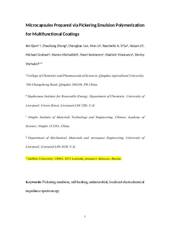 (PDF) Microcapsules Prepared via Pickering Emulsion Polymerization for ...