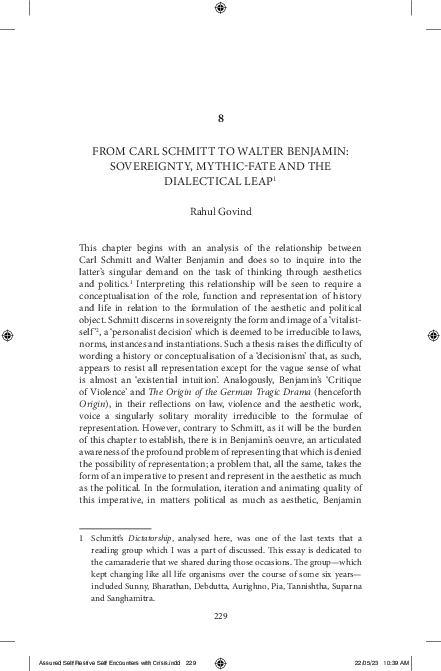 (PDF) From Carl Schmitt to Walter Benjamin: Sovereignty, Mythic-Fate ...