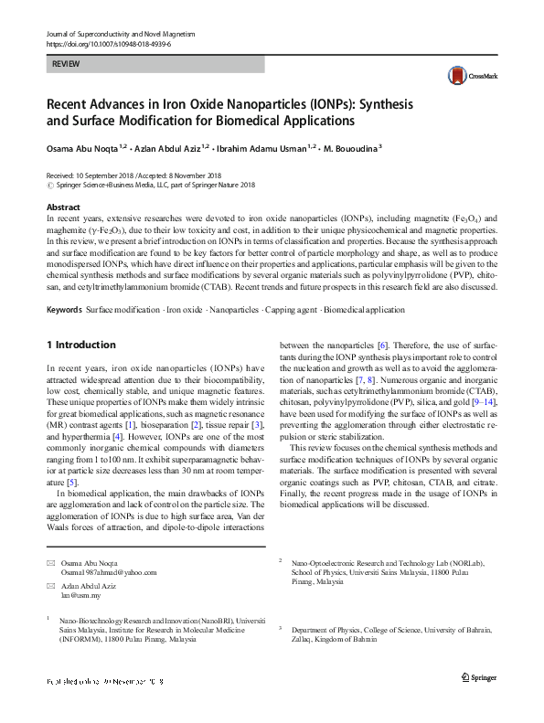 (PDF) Recent Advances in Iron Oxide Nanoparticles (IONPs): Synthesis and Surface Modification ...