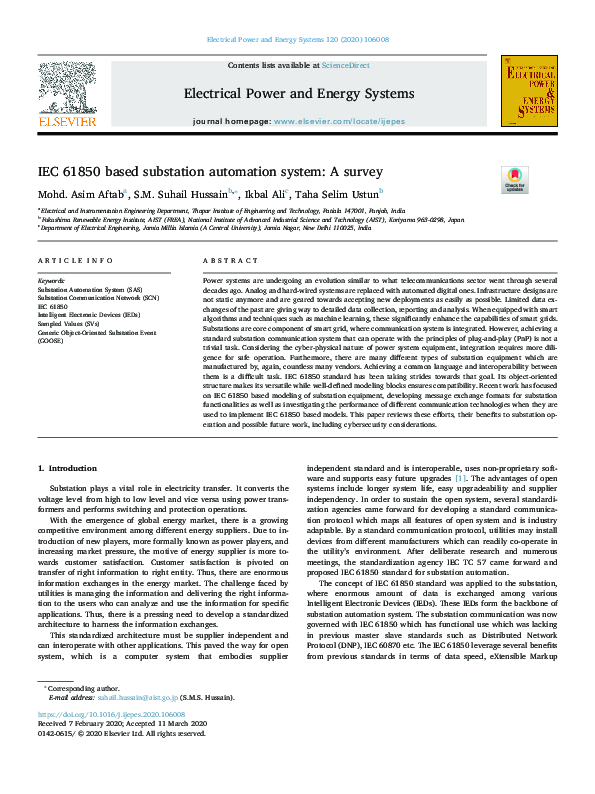 Pdf Iec 61850 Based Substation Automation System A Survey