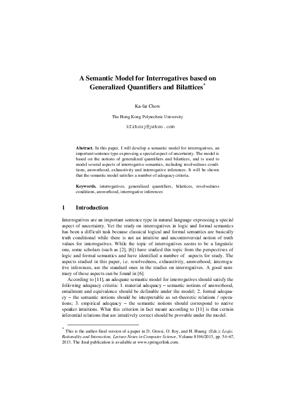 (PDF) A Semantic Model for Interrogatives Based on Generalized Quantifiers and Bilattices