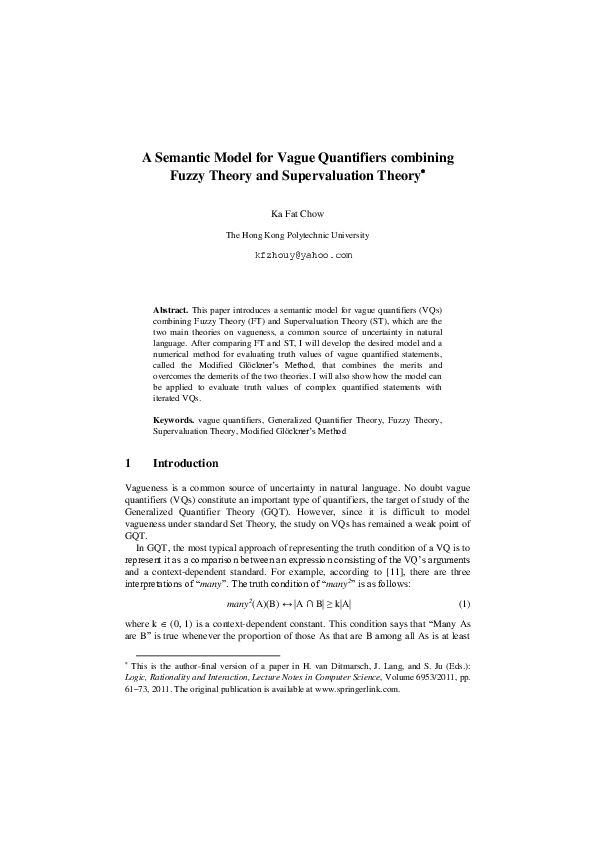 (PDF) A Semantic Model for Vague Quantifiers Combining Fuzzy Theory and Supervaluation Theory